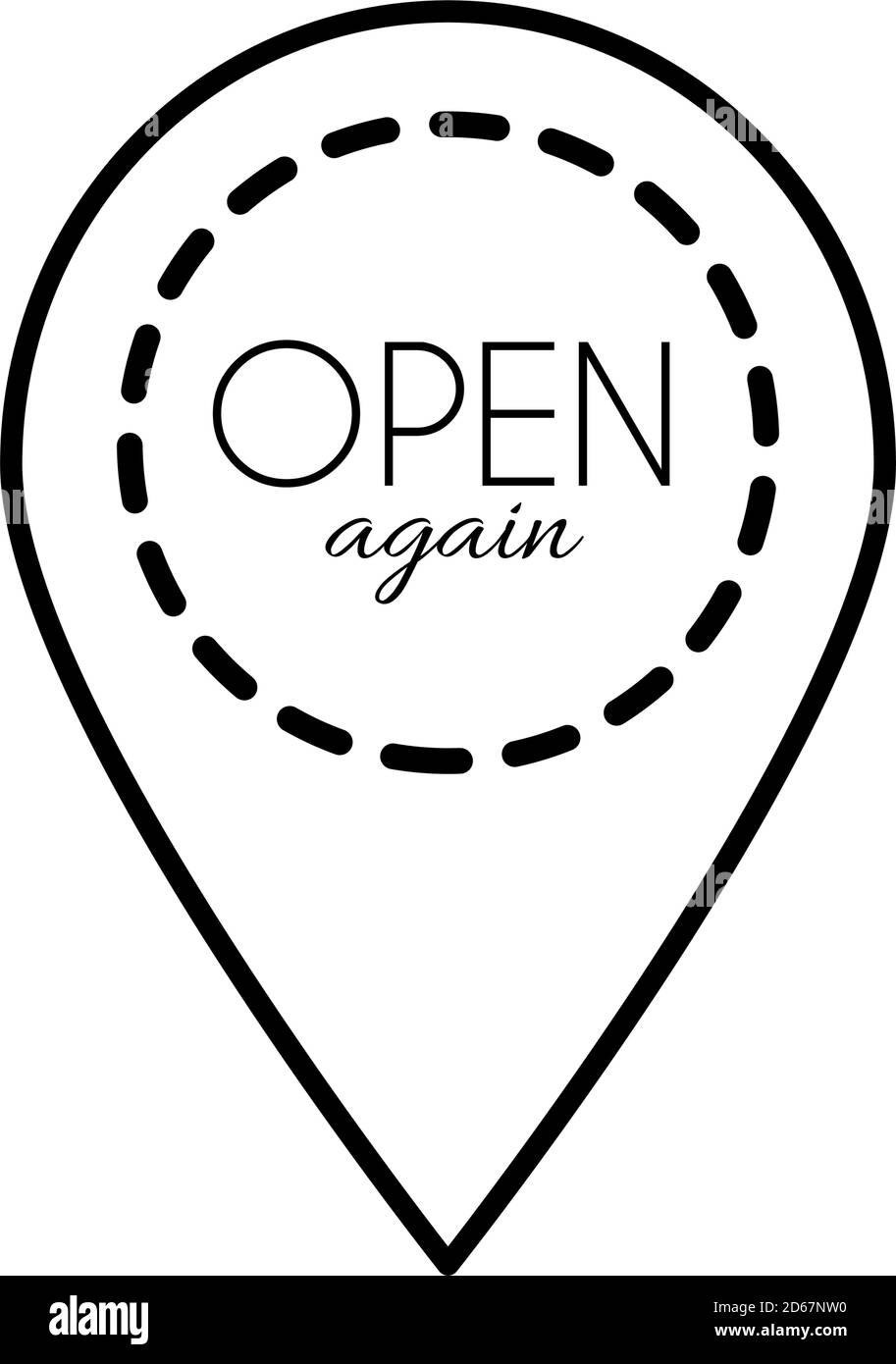 location pin with open again lettering design over white background ...
