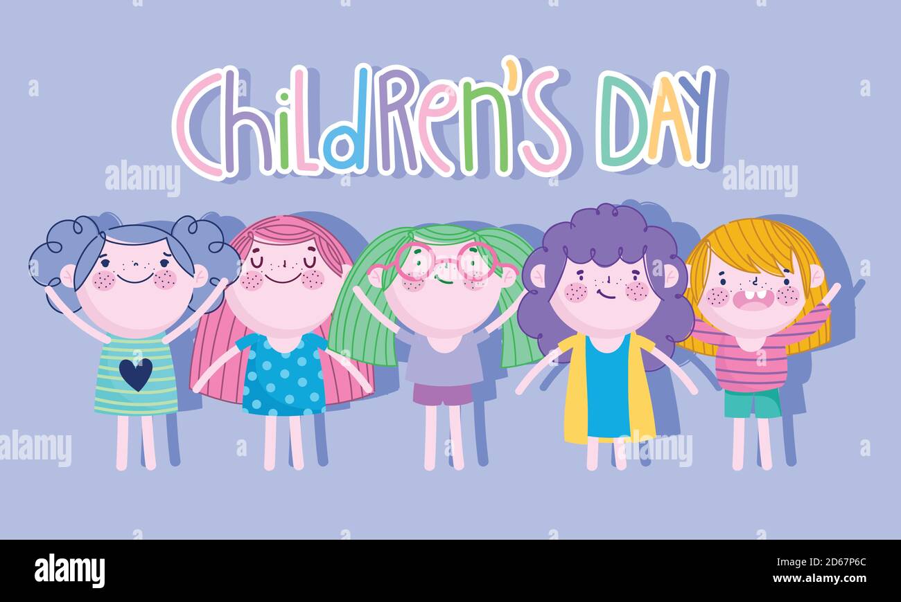 childrens day, cartoon group girls and funny lettering calebration ...