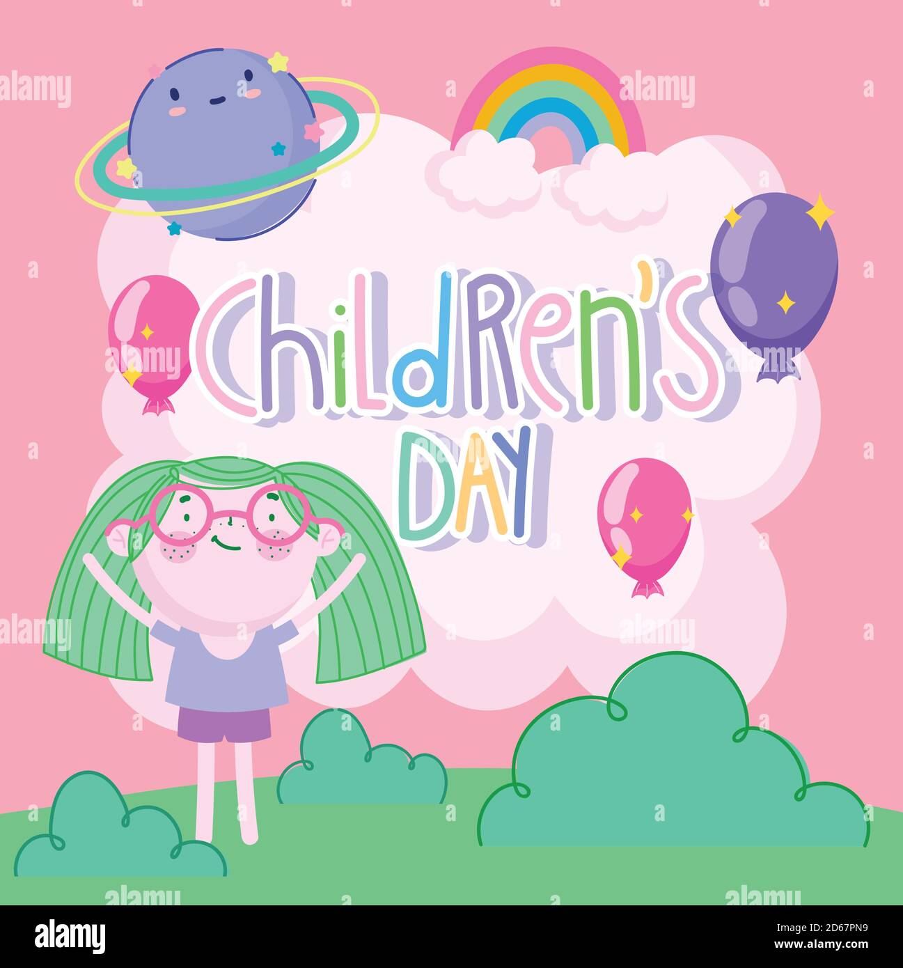 childrens day, cartoon cute girl with green hair balloons rainbow ...