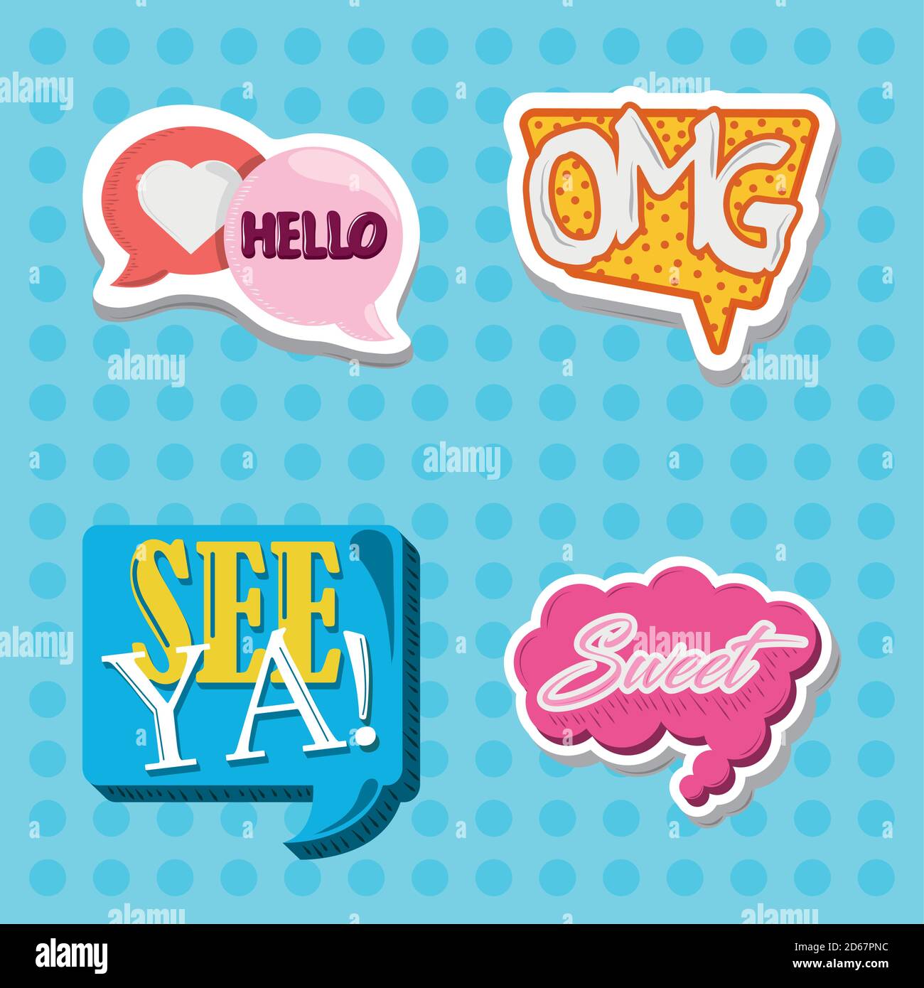 sticker comic letters decoration fashion style icons dots background ...