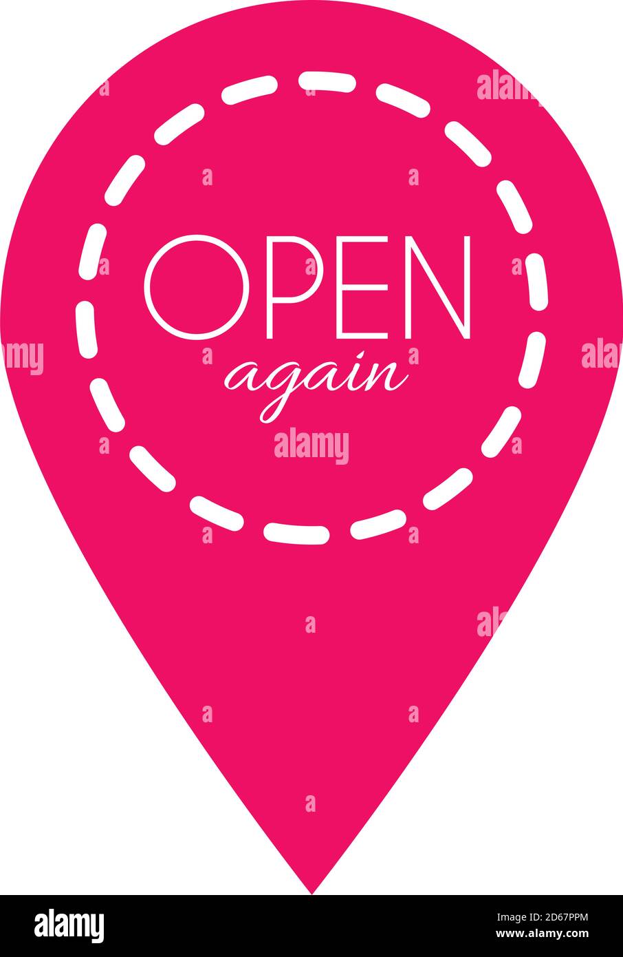 location pin with open again lettering design over white background ...