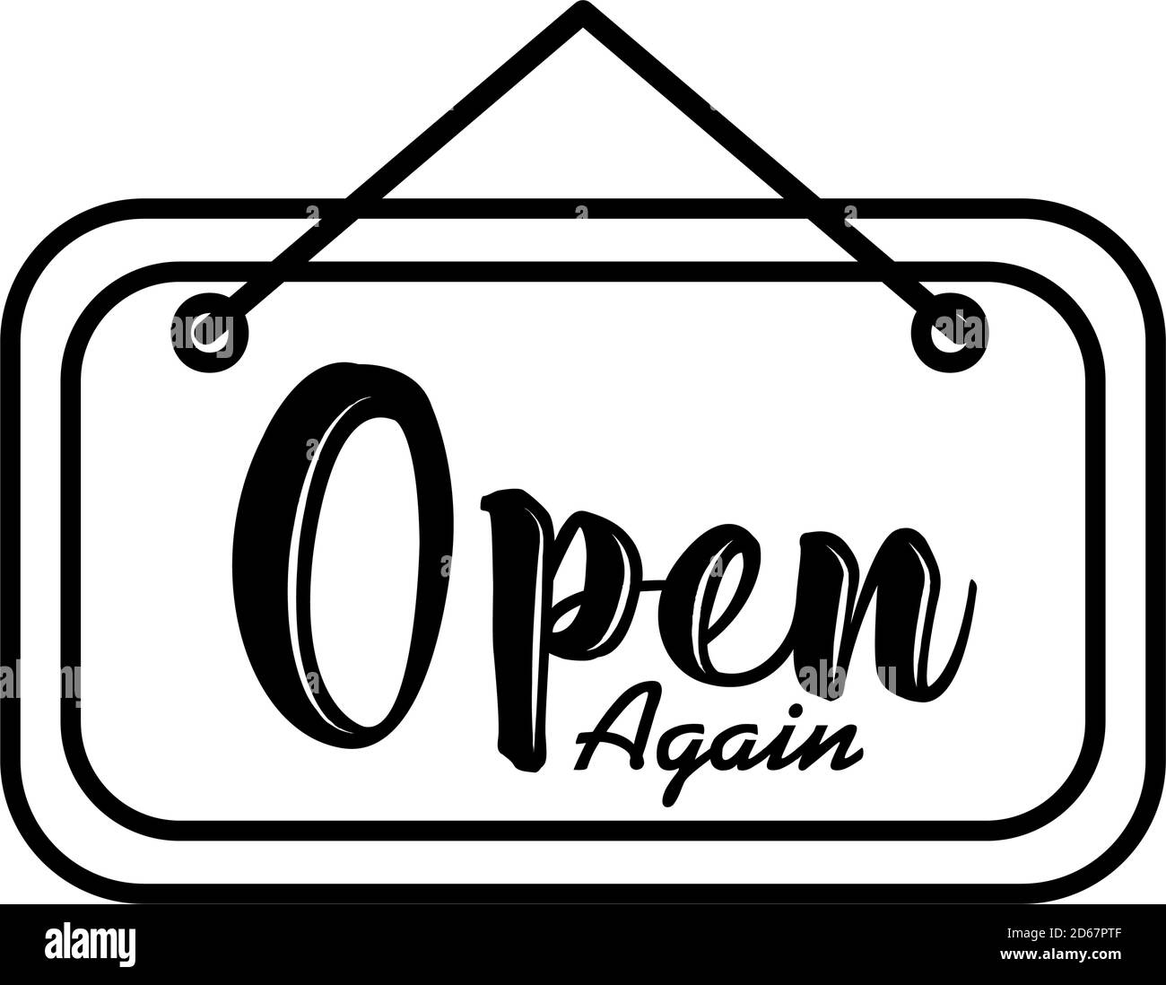 door sign with open again lettering design over white background, line ...