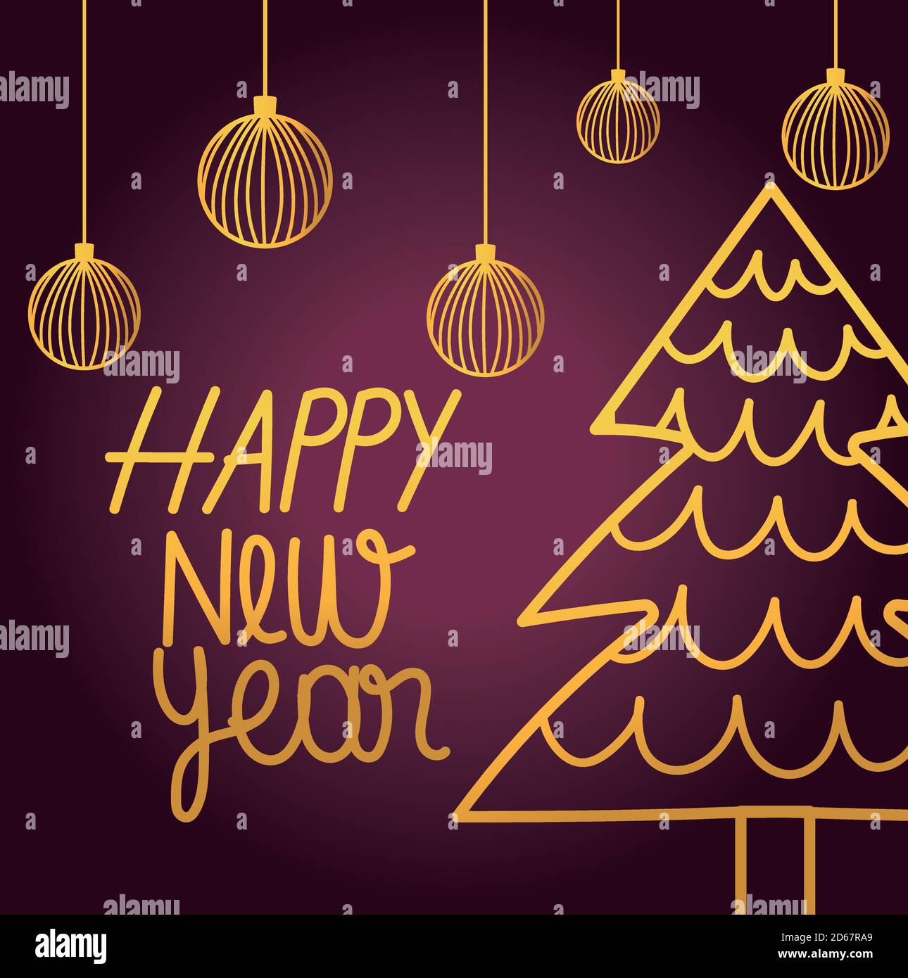 happy new year 2021, gold hanging balls and pine tree decoration card ...