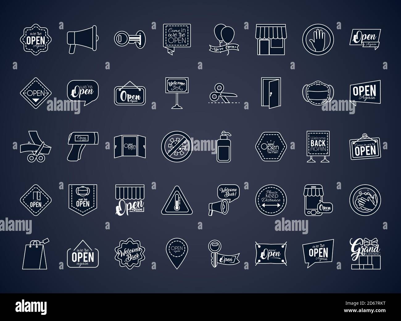 icon set of we are open signs over black background, line style, vector ...