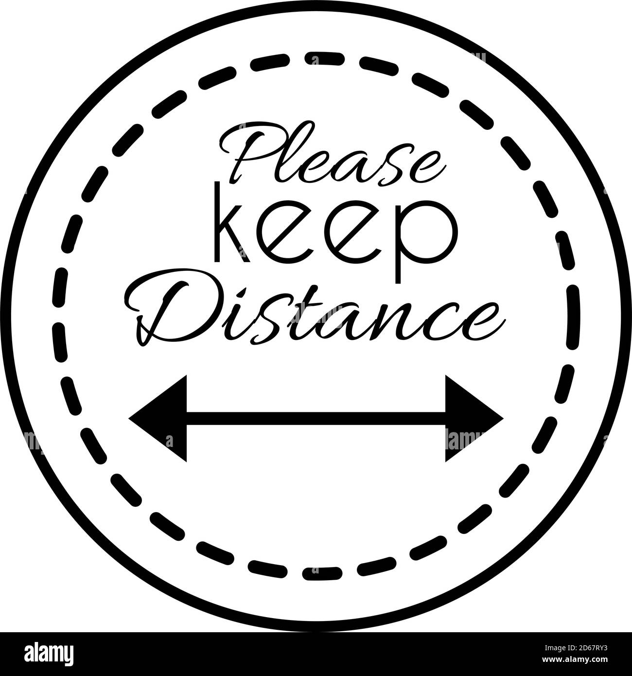 round sign with please keep distance lettering design over white ...