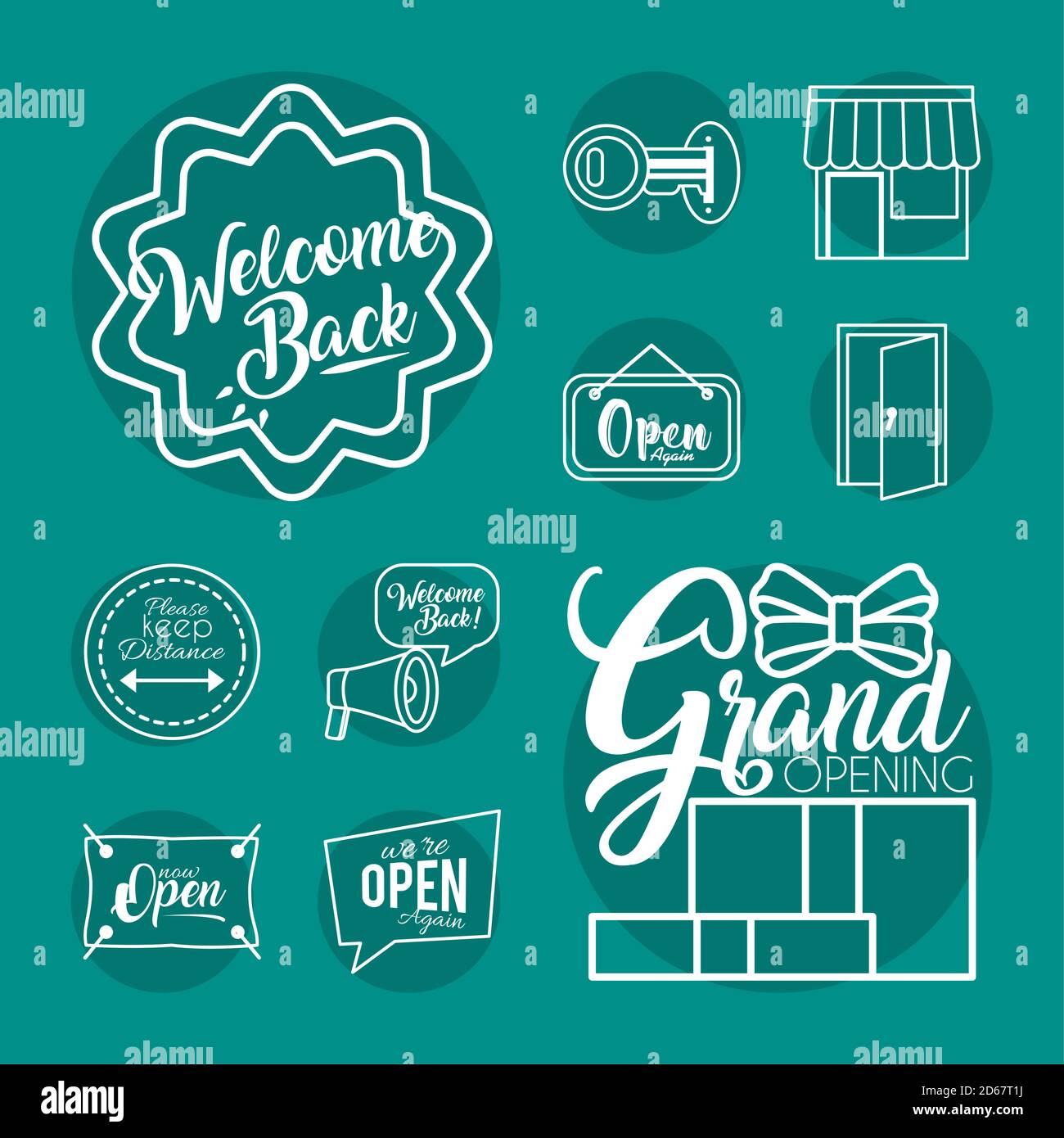 we are open signs and door icon set over turquoise background, line ...