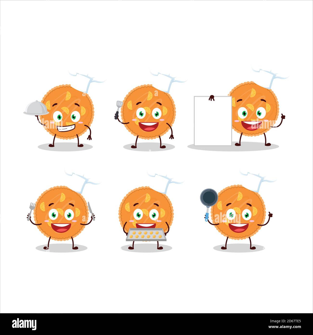Cartoon character of orange pie with various chef emoticons Stock ...