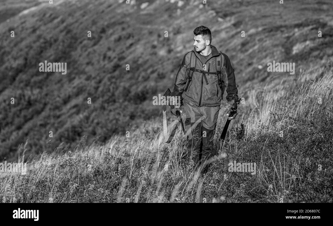 Hunting period. Male with a gun. Close up. Hunter with hunting gun and ...
