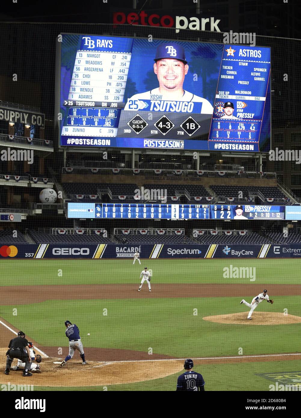 Houston Astros pitcher Ryan Pressly retires Yoshitomo Tsutsugo of the Tampa Bay Rays with the ...