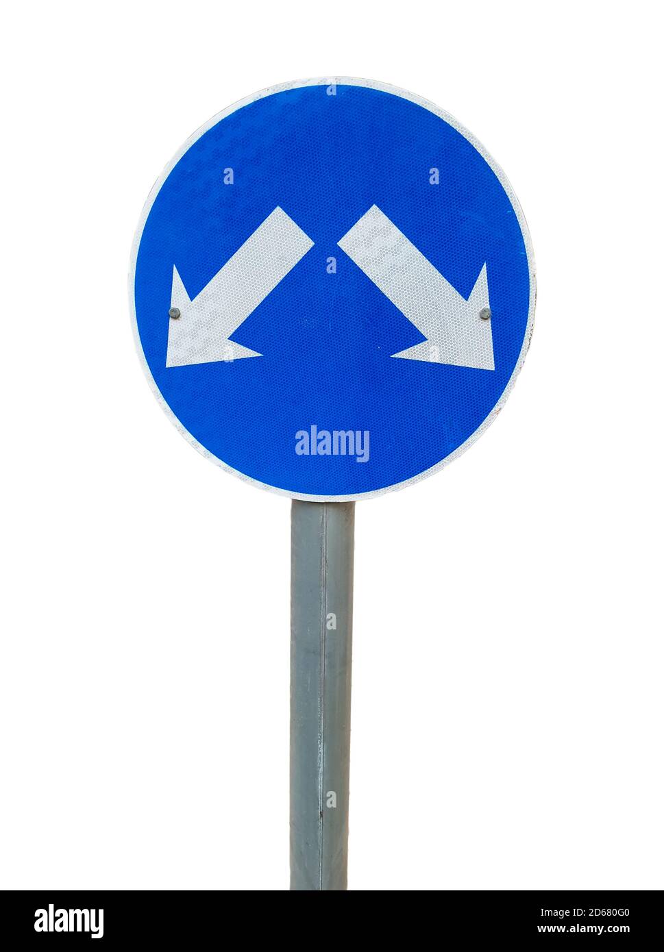 Road sign pointing at two directions. Isolated on white. Alternative ...