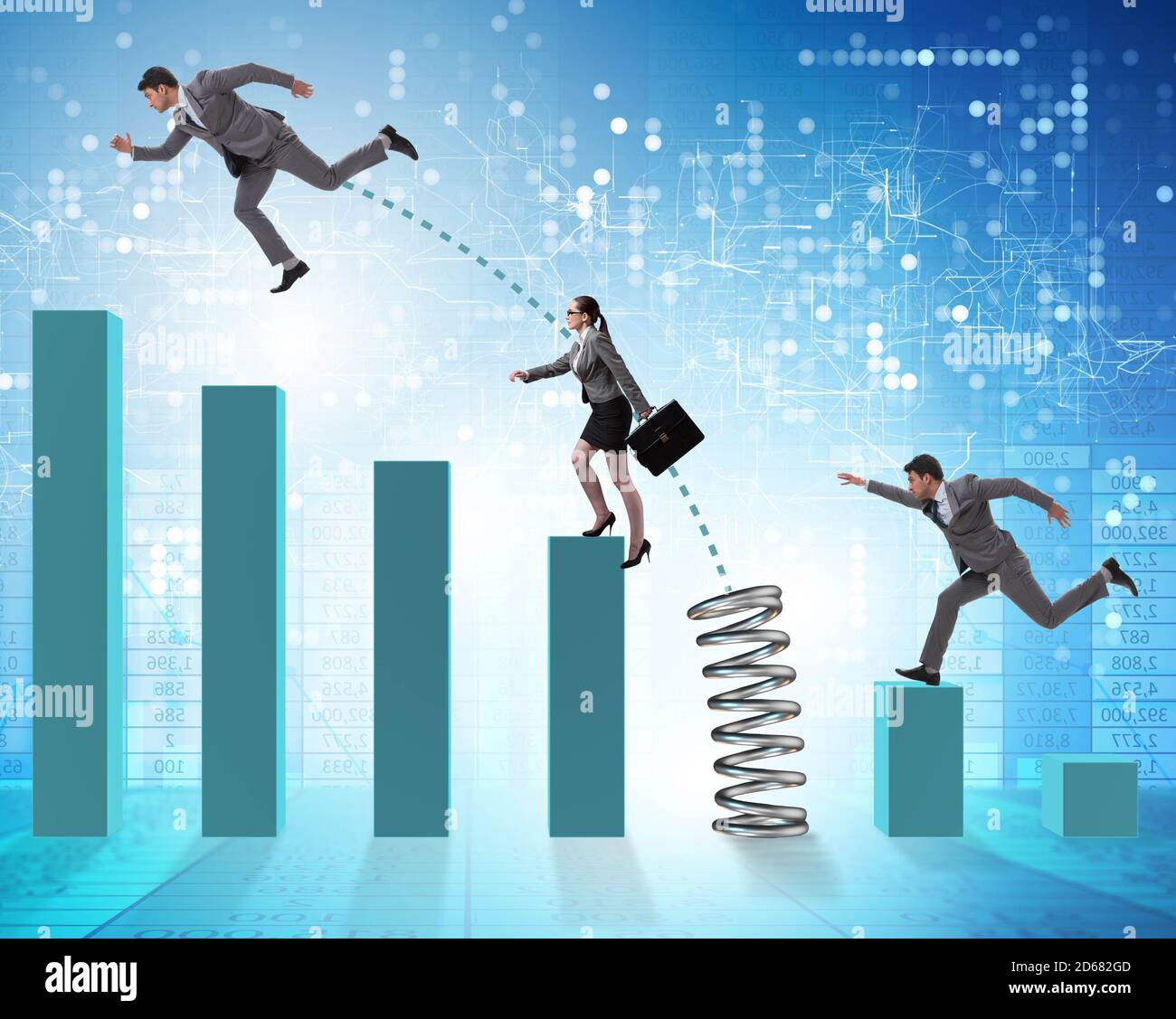 The business people jumping over bar charts Stock Photo - Alamy