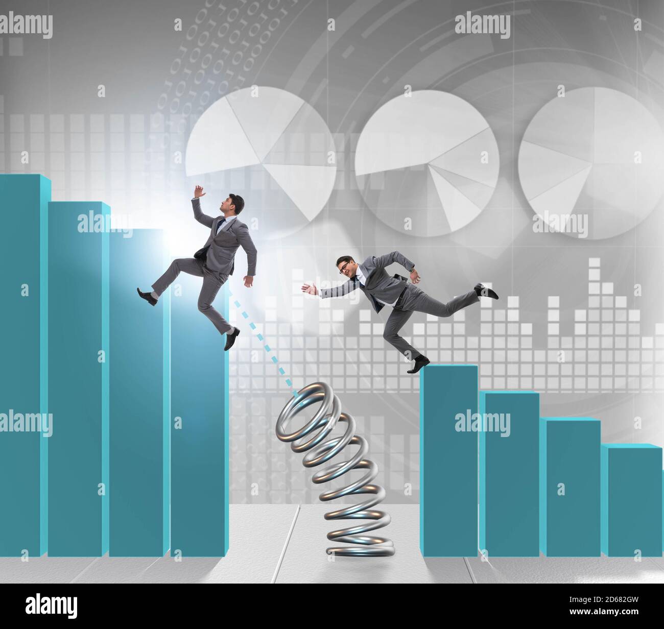 The business people jumping over bar charts Stock Photo - Alamy