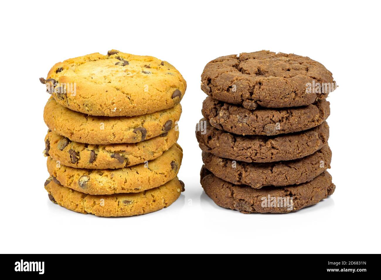 Stacks of different chocolate chips cookies isolated on white ...
