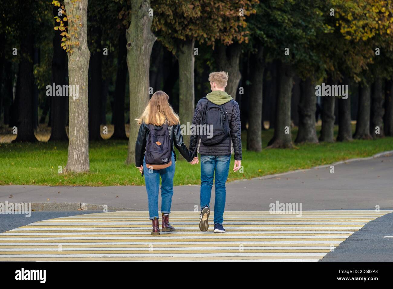 Moscow, Russia. October 11, 2020. A full-length rear view of a couple ...