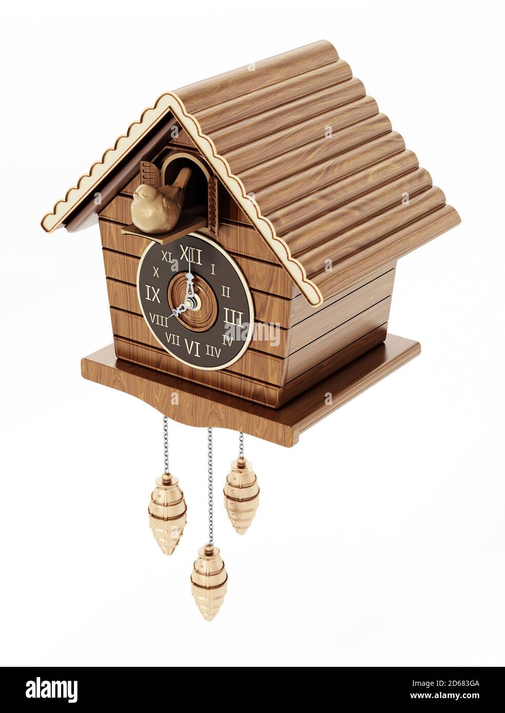 Vintage cuckoo clock isolated on white background. 3D illustration ...