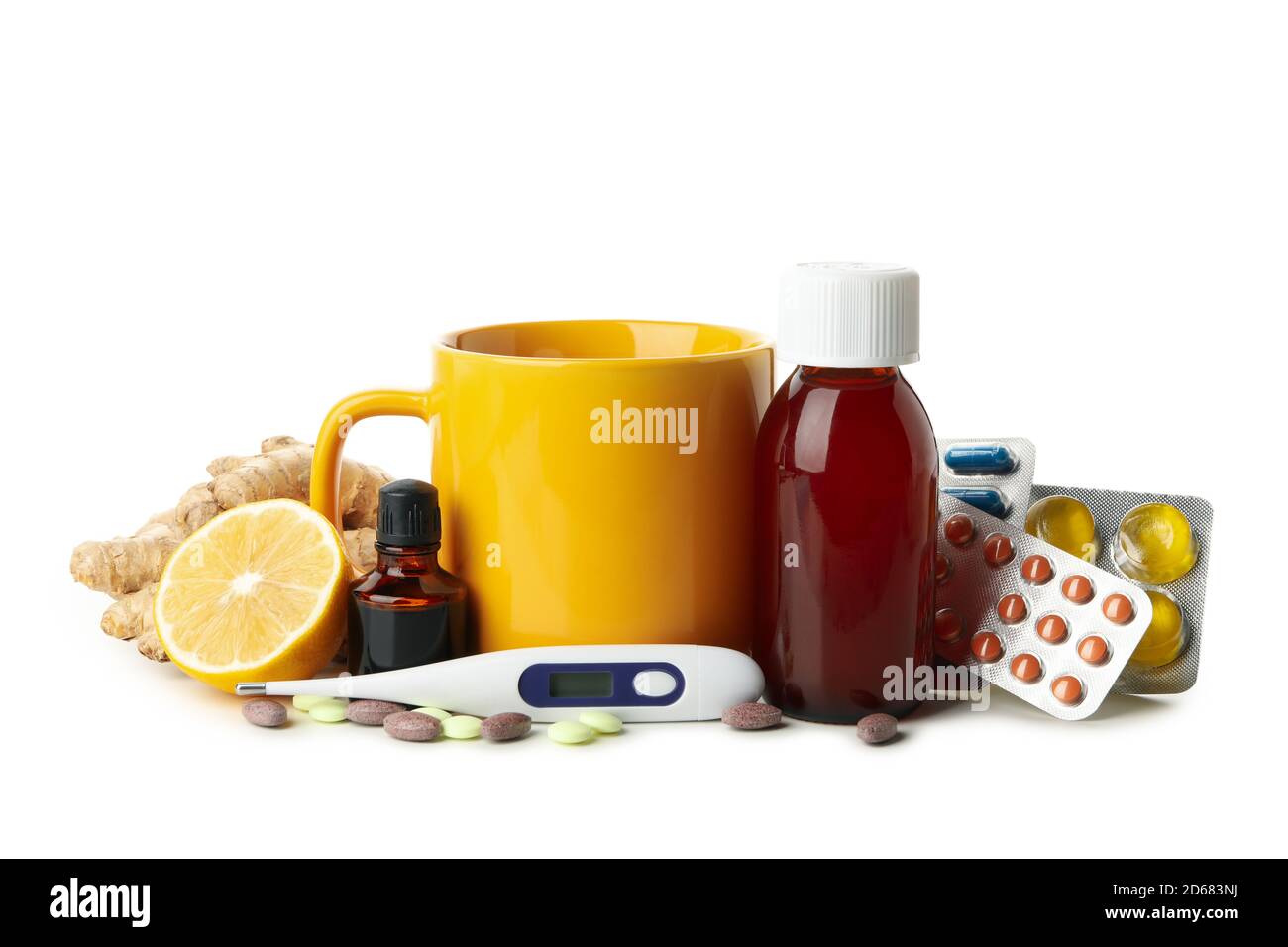 Cup of tea and different medicines isolated on white background Stock ...