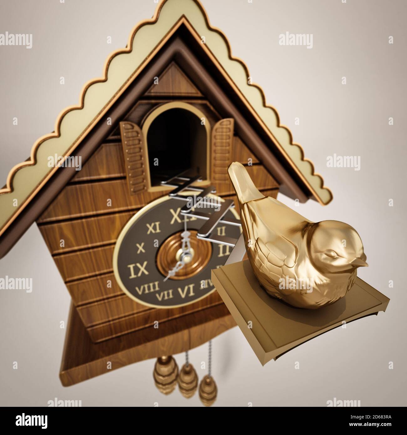 Vintage cuckoo clock with the golden bird chirping. 3D illustration ...