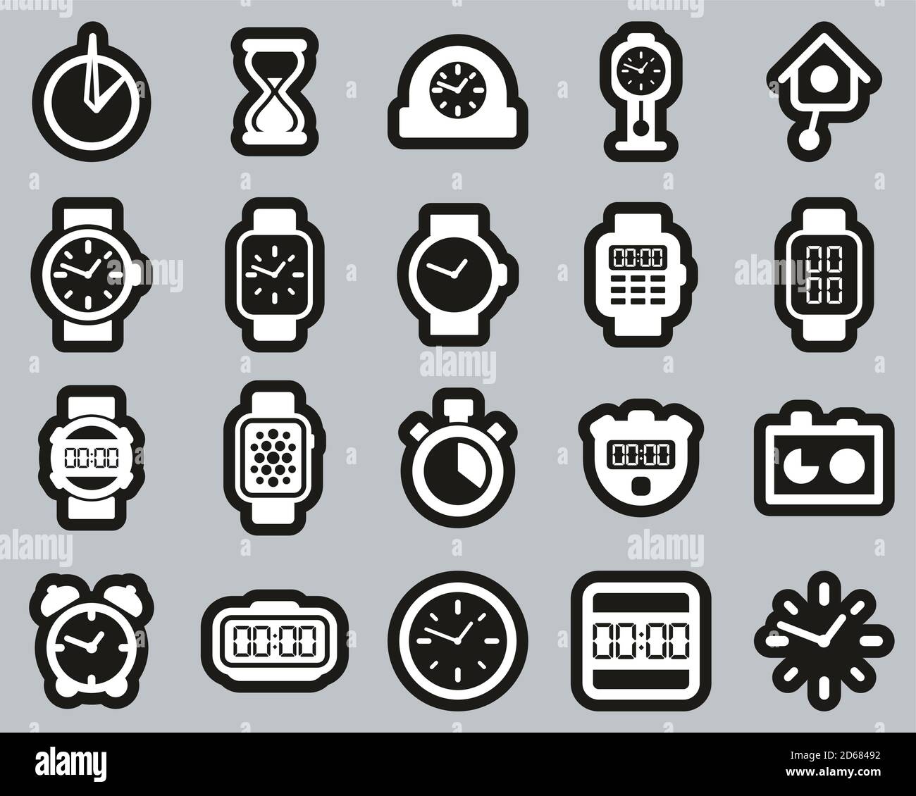 Clock Or Watch Icons White On Black Sticker Set Big Stock Vector Image ...