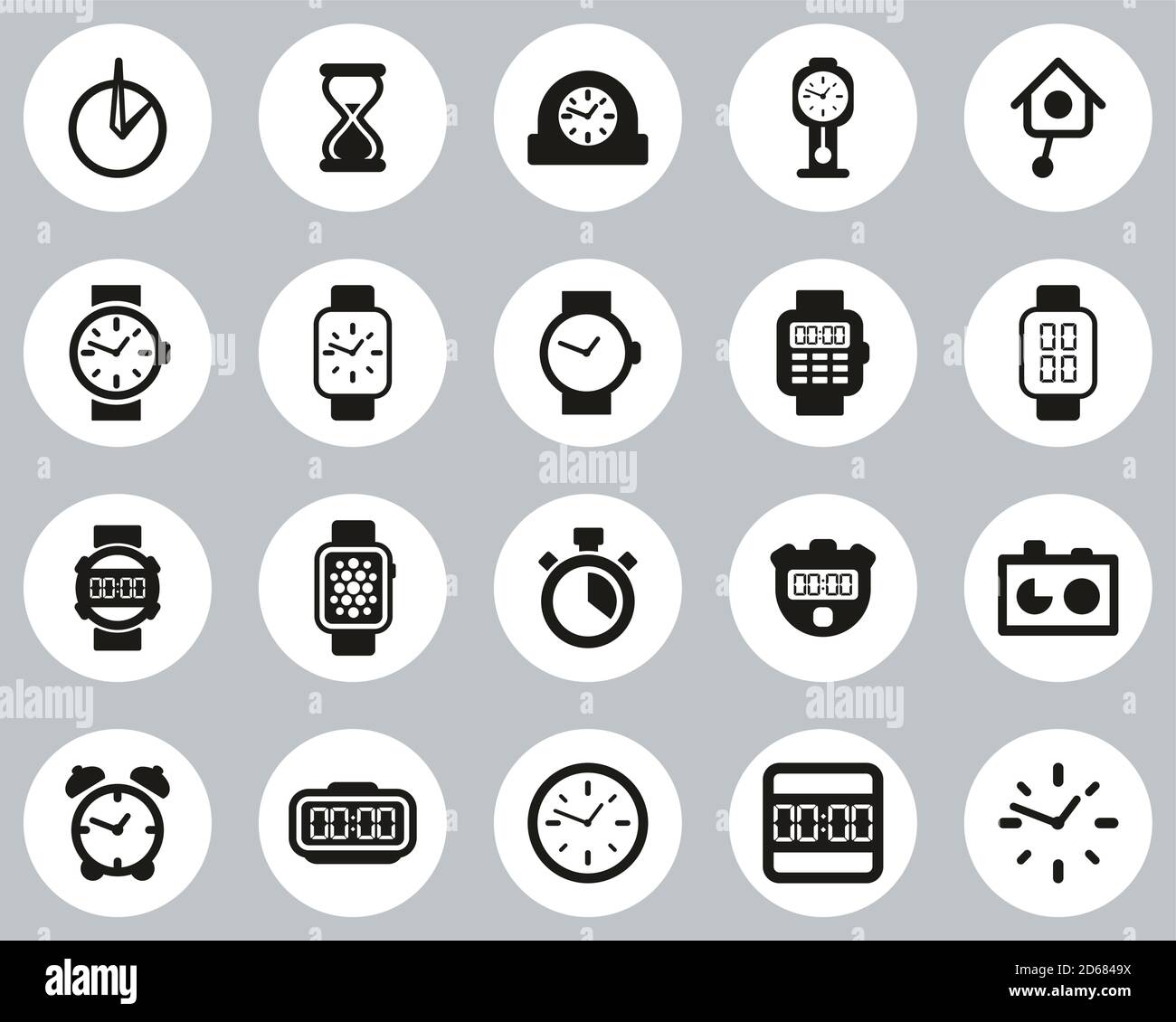 Clock Or Watch Icons Black & White Flat Design Circle Set Big Stock ...