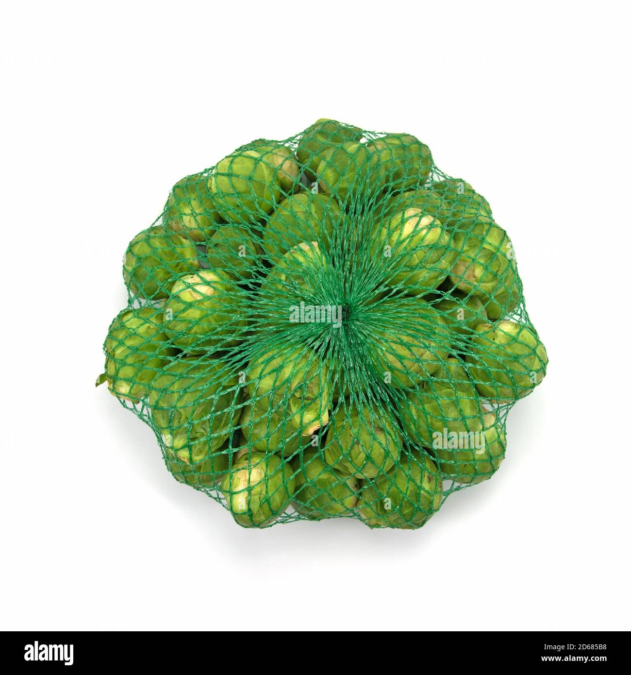 Brussels sprouts in net against white background Stock Photo - Alamy