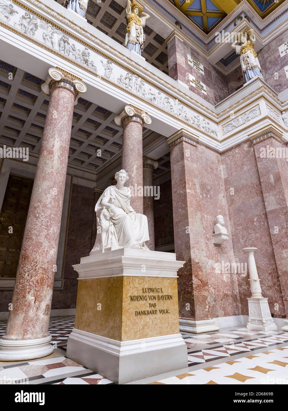 Walhalla or Walhalla Temple near Donaustauf in Bavaria. Bust of Ludwig ...