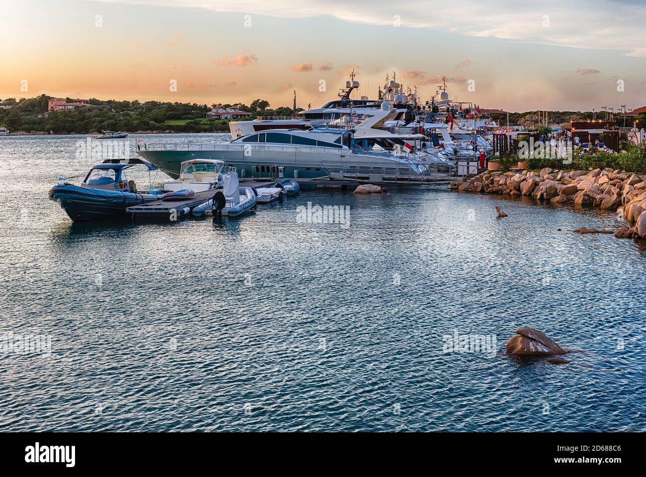 View of the harbor with luxury yachts of Porto Cervo, Sardinia, Italy ...
