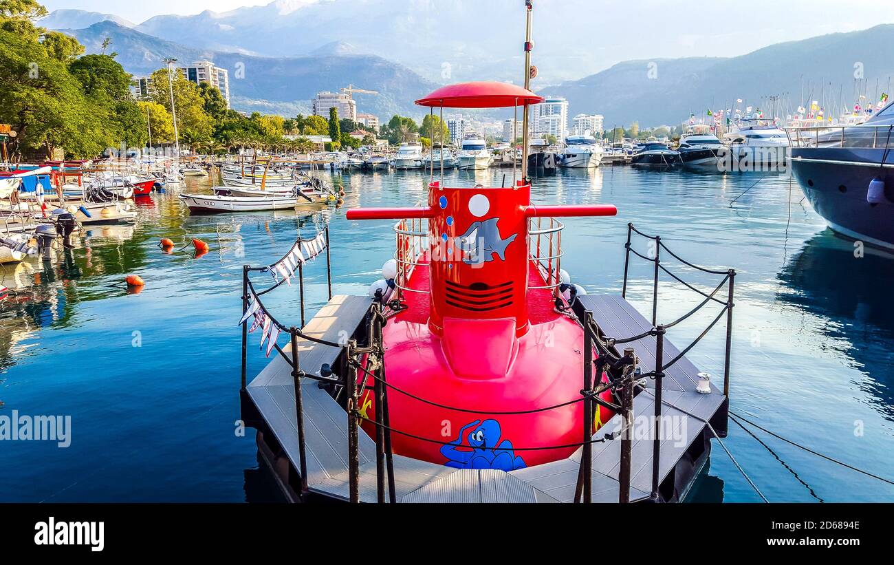 Glass-bottom submarine for the junior tourists in the port of Budva ...