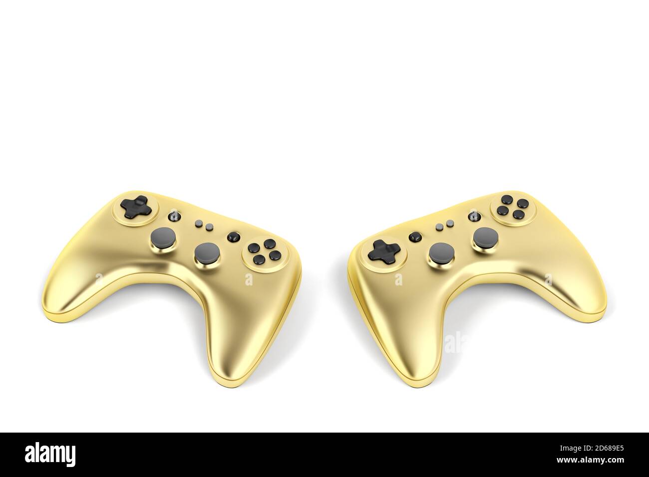 Two golden game controllers on white background Stock Photo - Alamy