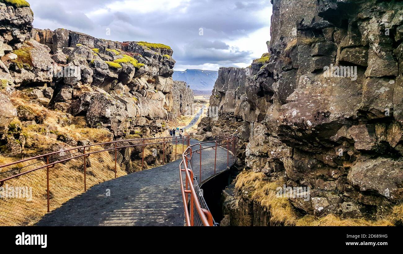 National park of Iceland Thingvellir. Rift valley that marks the ...