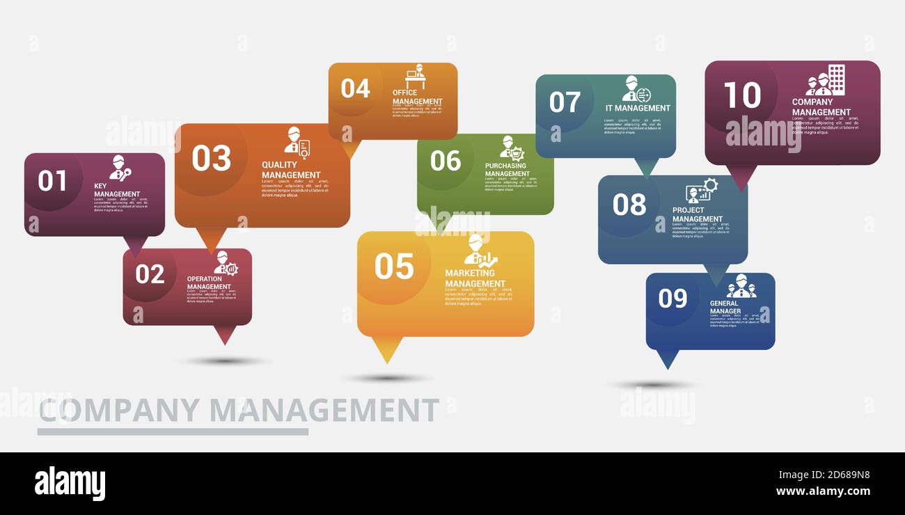 Infographic Company Management template. Icons in different colors ...