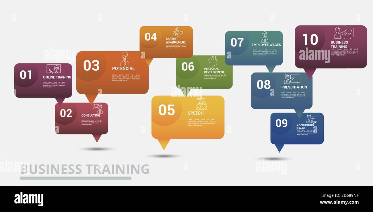 Infographic Business Training template. Icons in different colors ...