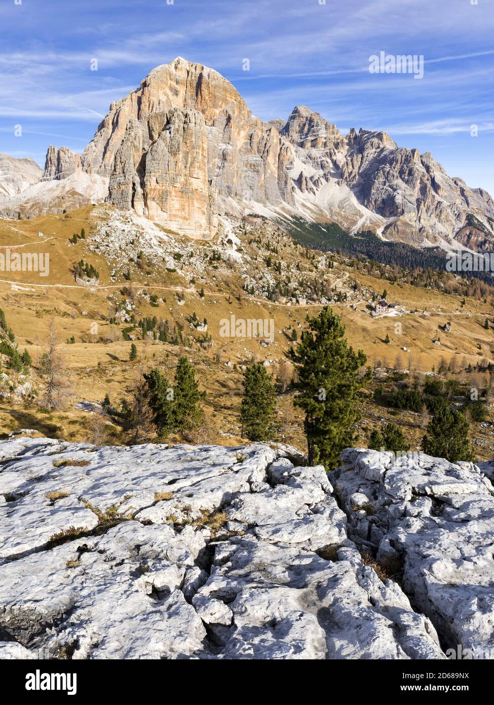 The peaks of Mount Tofane and the Cinque Torri (foreground) in the ...