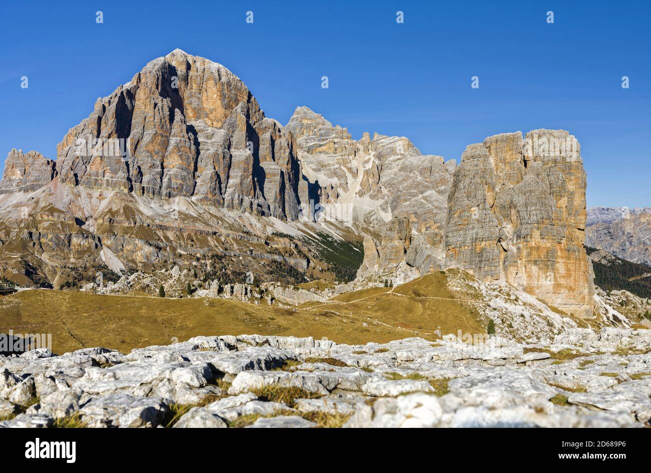 The peaks of Mount Tofane and the Cinque Torri (foreground) in the ...