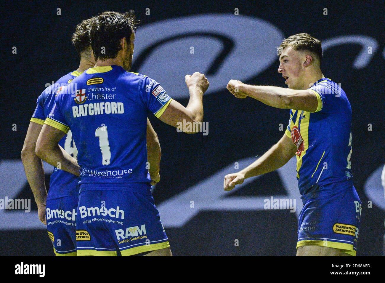 Matty Ashton (26) of Warrington Wolves celebrates scoring try Stock ...