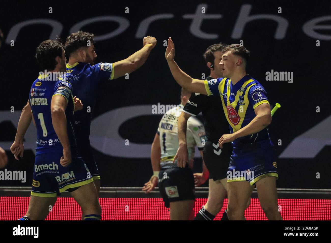 Matty Ashton (26) of Warrington Wolves celebrates scoring his try Stock ...