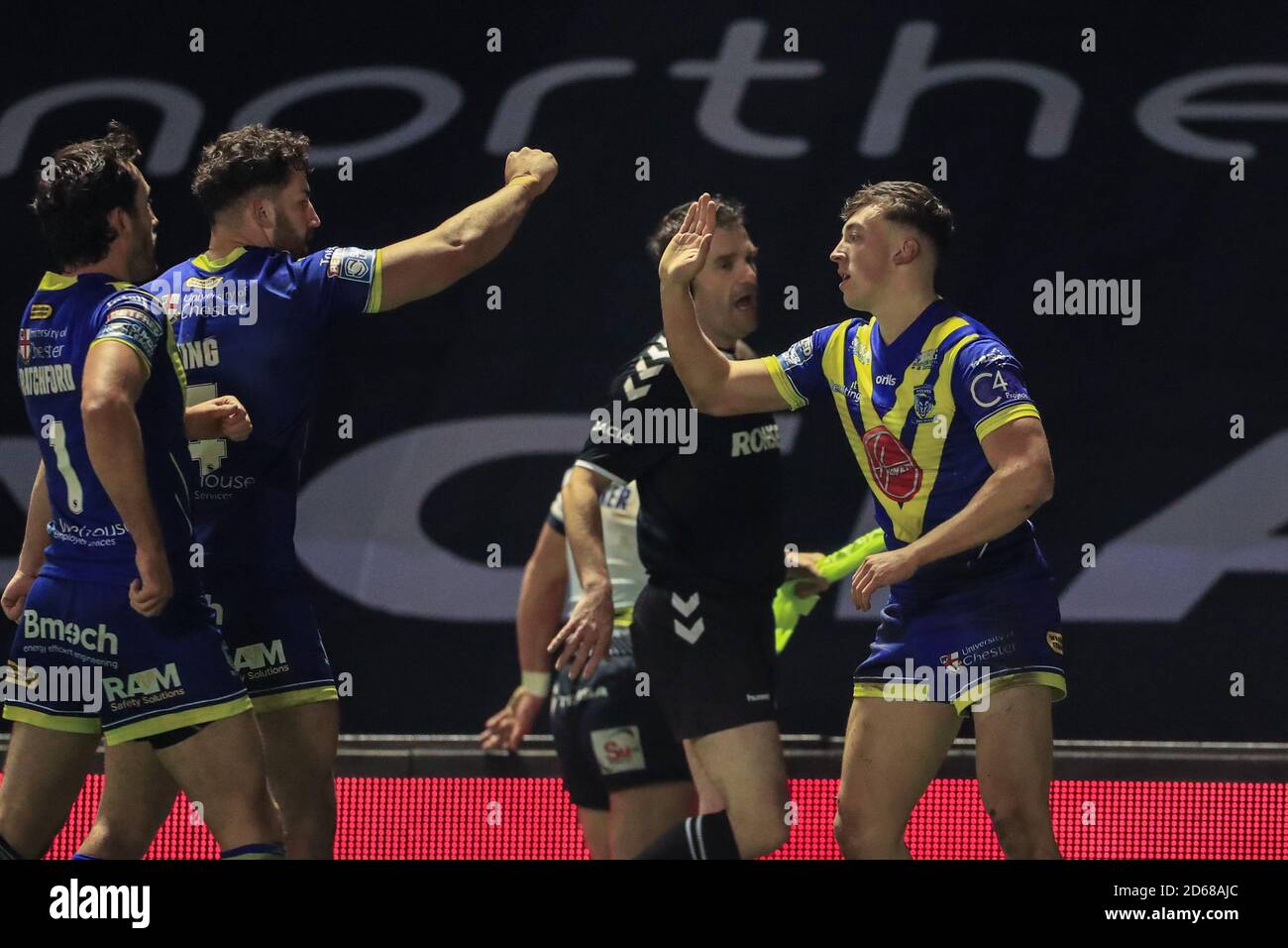Matty Ashton (26) of Warrington Wolves celebrates scoring his try Stock ...