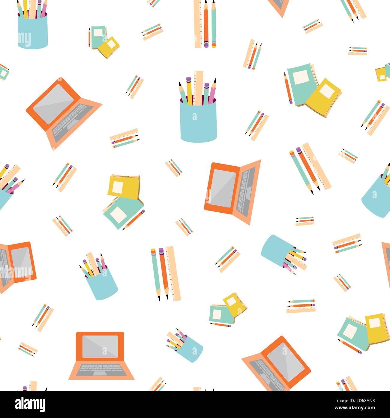 Vector laptop, pencils, notebooks seamless pattern background. Tossed ...
