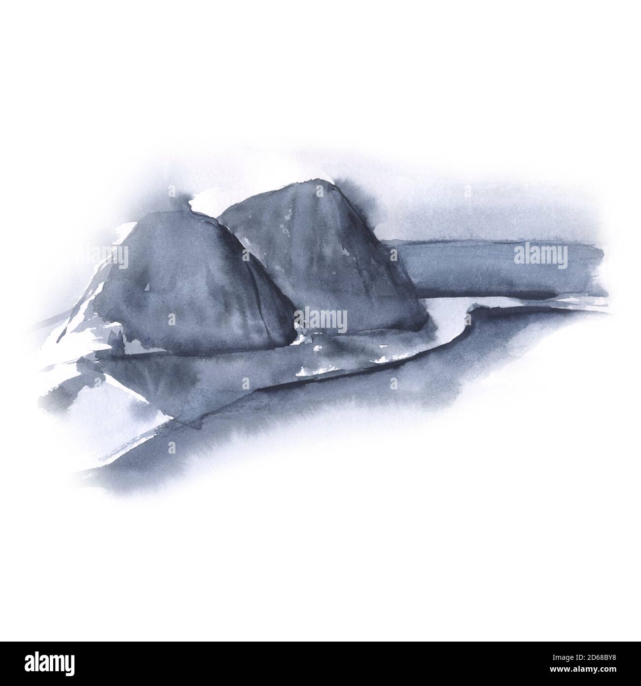 Landscape with mountains and river. Isolated on a white background ...