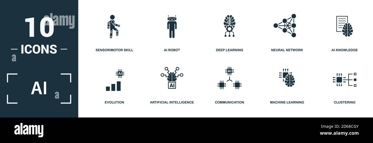 Ai icon set. Monochrome sign collection with evolution, artificial ...