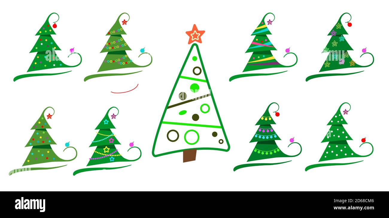 Set Different abstract green Christmas trees with tinsel and without ...