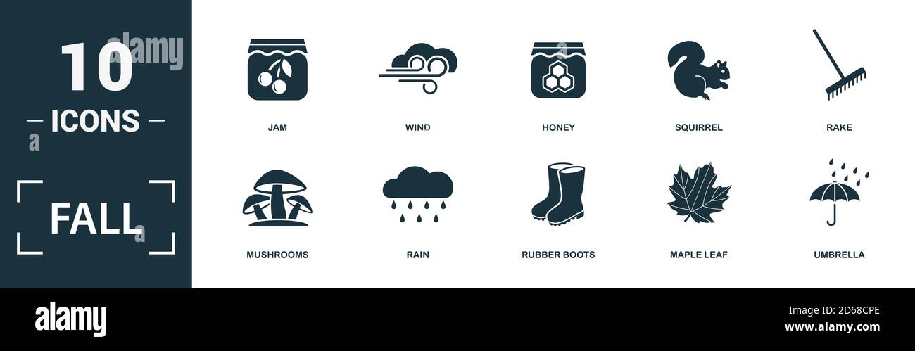 Fall icon set. Monochrome sign collection with mushrooms, rain, rubber ...