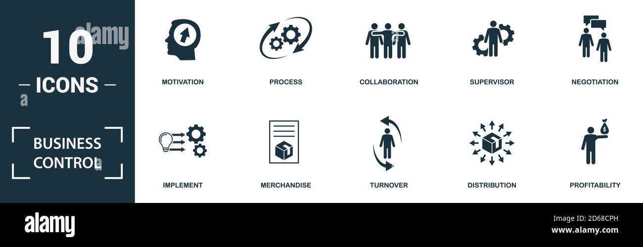 Business Control icon set. Monochrome sign collection with motivation ...