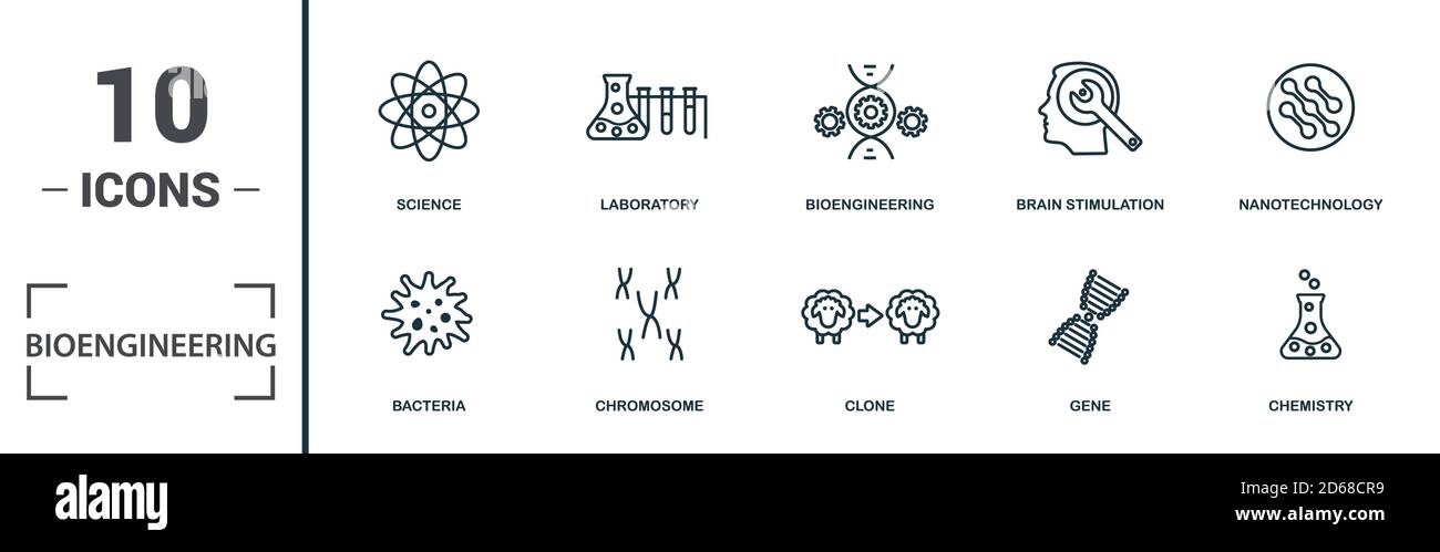 Bioengineering icon set. Monochrome sign collection with bacteria ...