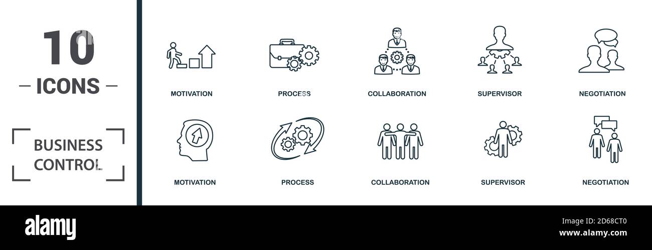 Business Control icon set. Monochrome sign collection with motivation ...