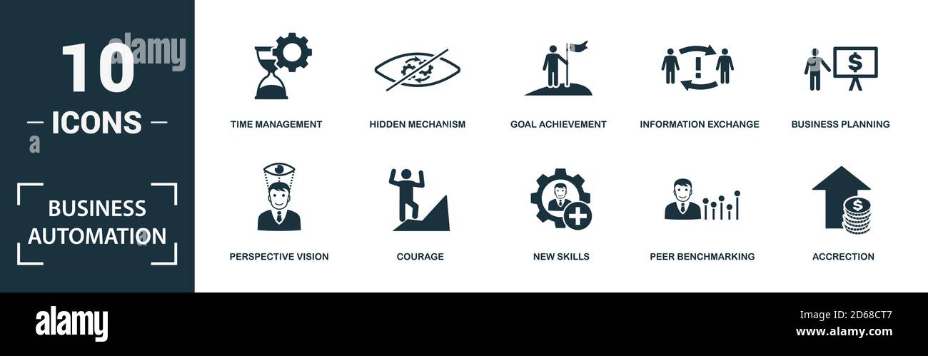 Business Automation icon set. Monochrome sign collection with time ...