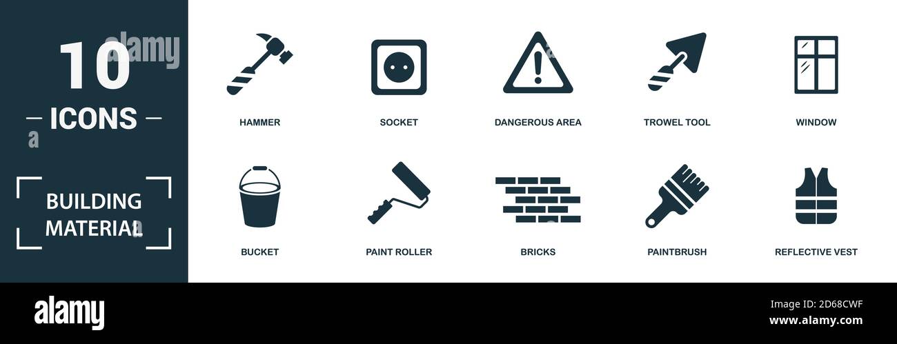 Building Material icon set. Monochrome sign collection with bucket ...