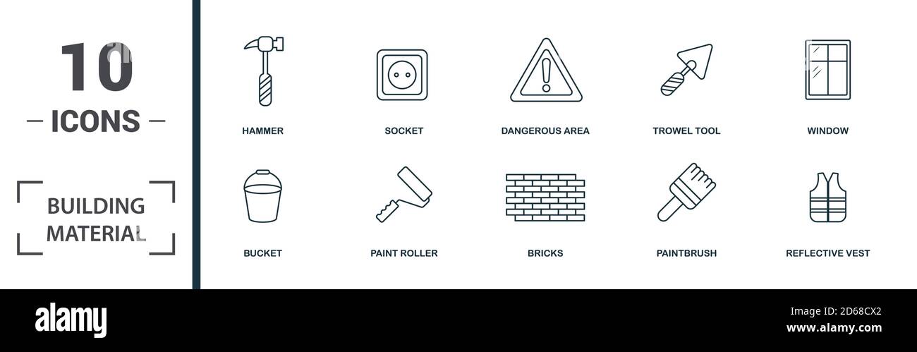 Building Material icon set. Monochrome sign collection with bucket ...
