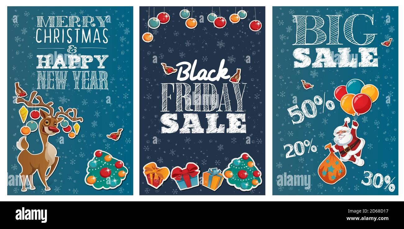 Set of Holiday Big sale posters with cute cartoon characters and ...