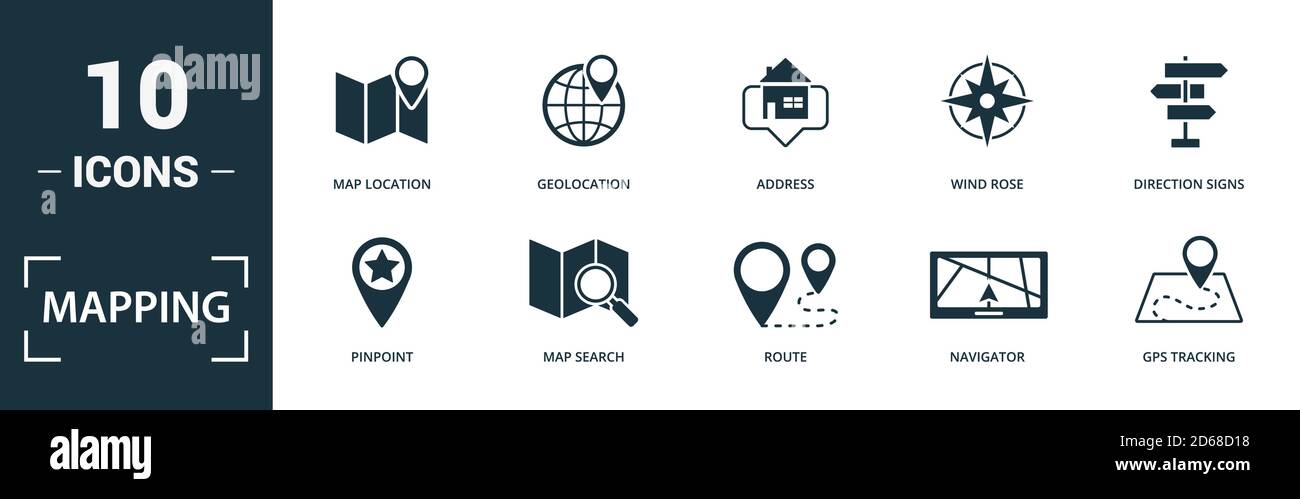 Mapping icon set. Monochrome sign collection with pinpoint, map search ...