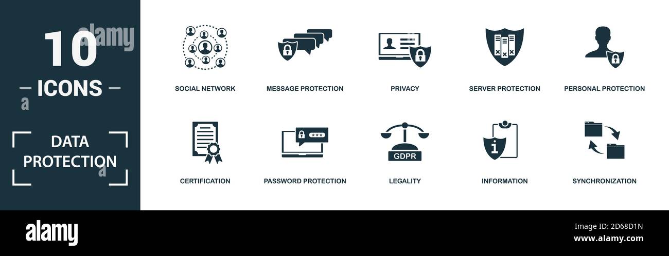 Data Protection icon set. Monochrome sign collection with certification ...